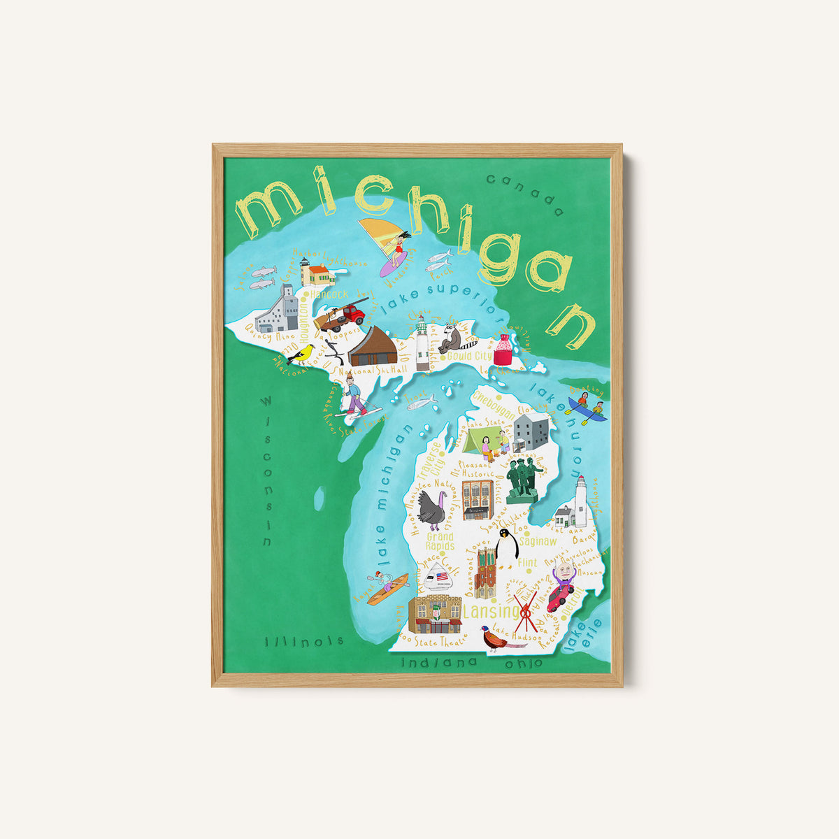 Illustrated Map of Michigan: Buy Cheerful Wall Art Prints Online in the ...